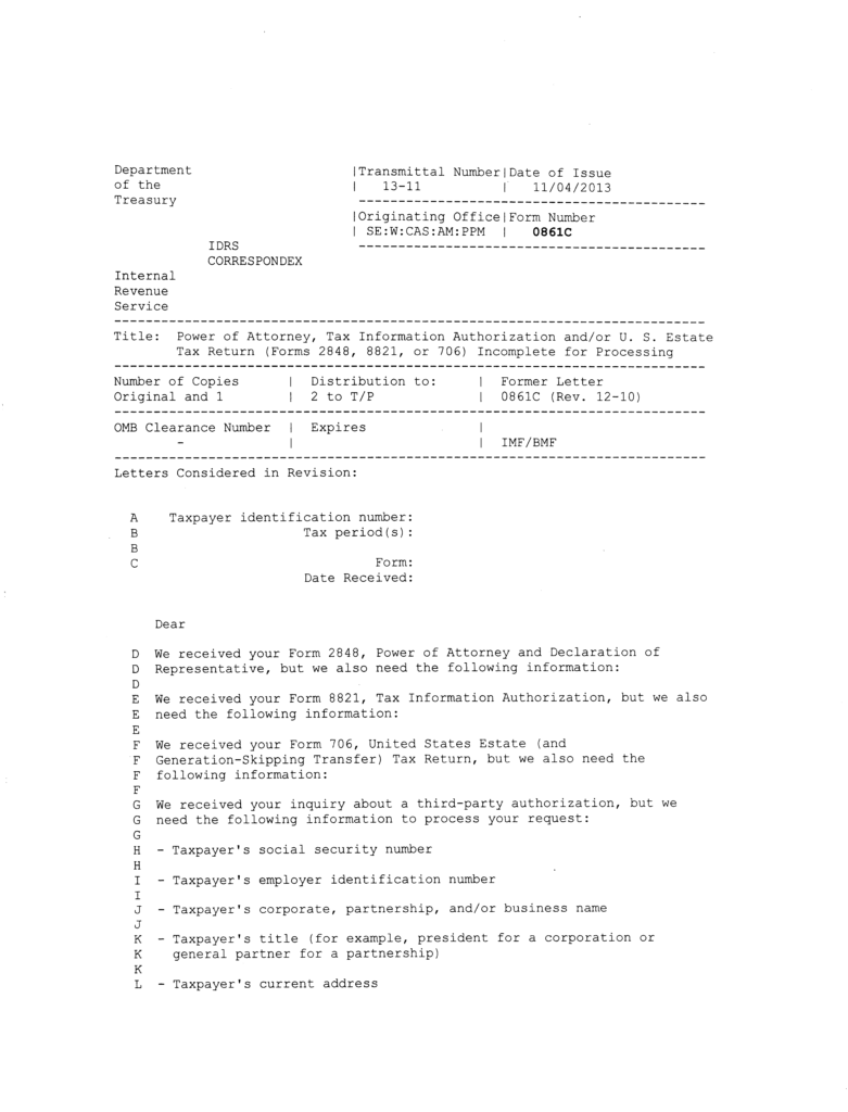 IRS Letter 861C - Power of Attorney, Tax Information Authorization and ...