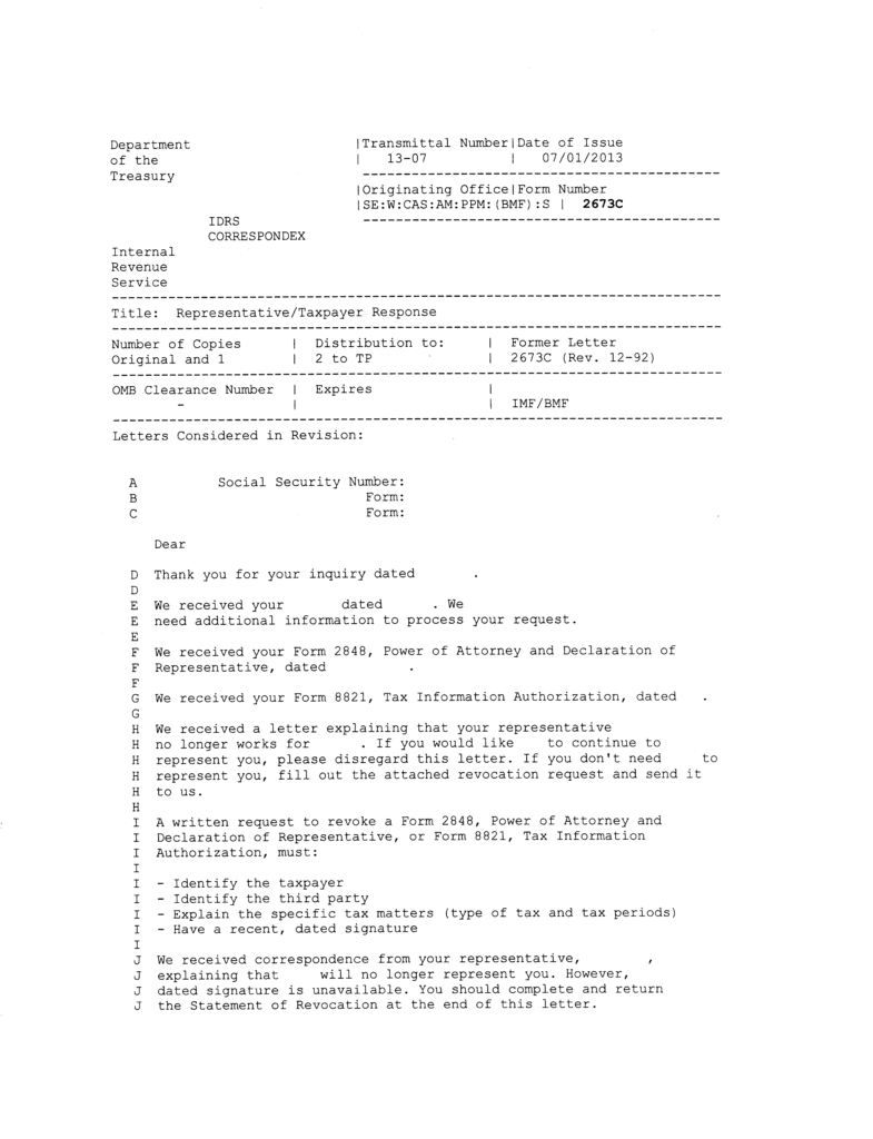 IRS Letter 2673C - Representative/Taxpayer Response | H&R Block