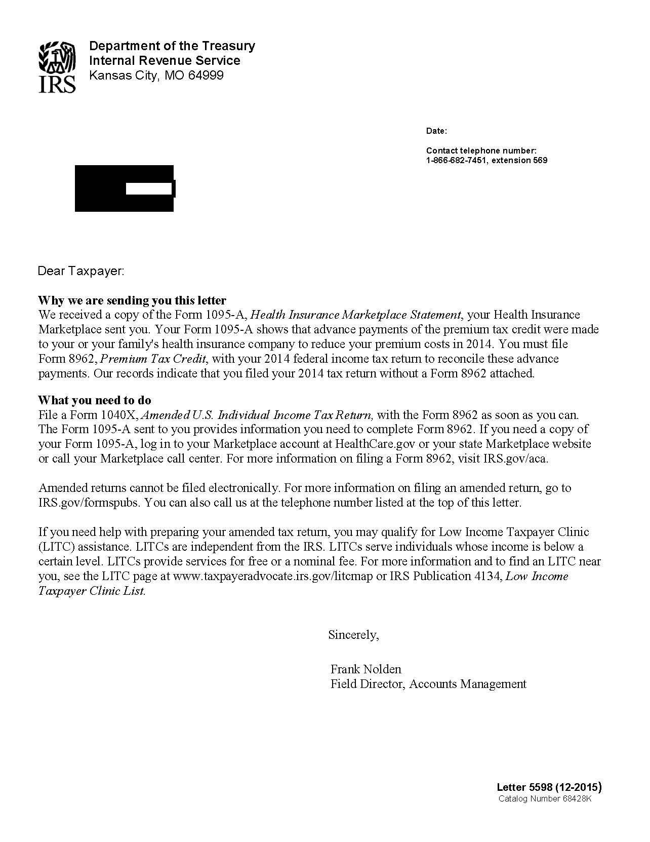 IRS Letter 5598 - Advanced Premium Tax Credit Recipients No Form 8962 ...