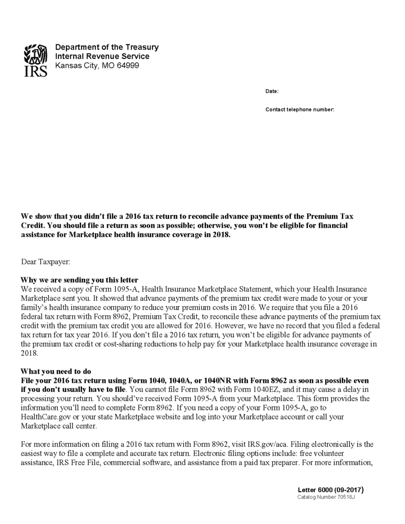 IRS Letter 6000 - Advanced Premium Tax Credit Recipients Non-Filer ...