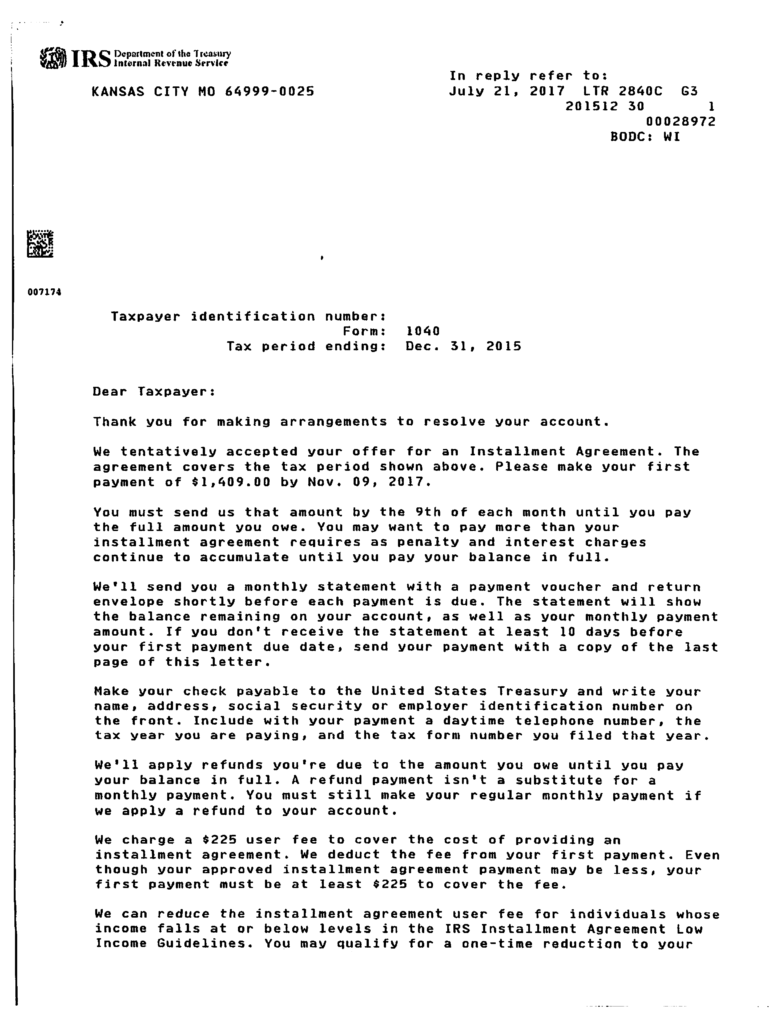 IRS Letter 2840C - Installment Agreement | H&R Block