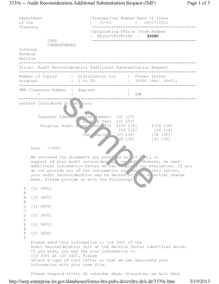 IRS Letter 3339C - Audit Reconsideration - Additional Substantiation ...