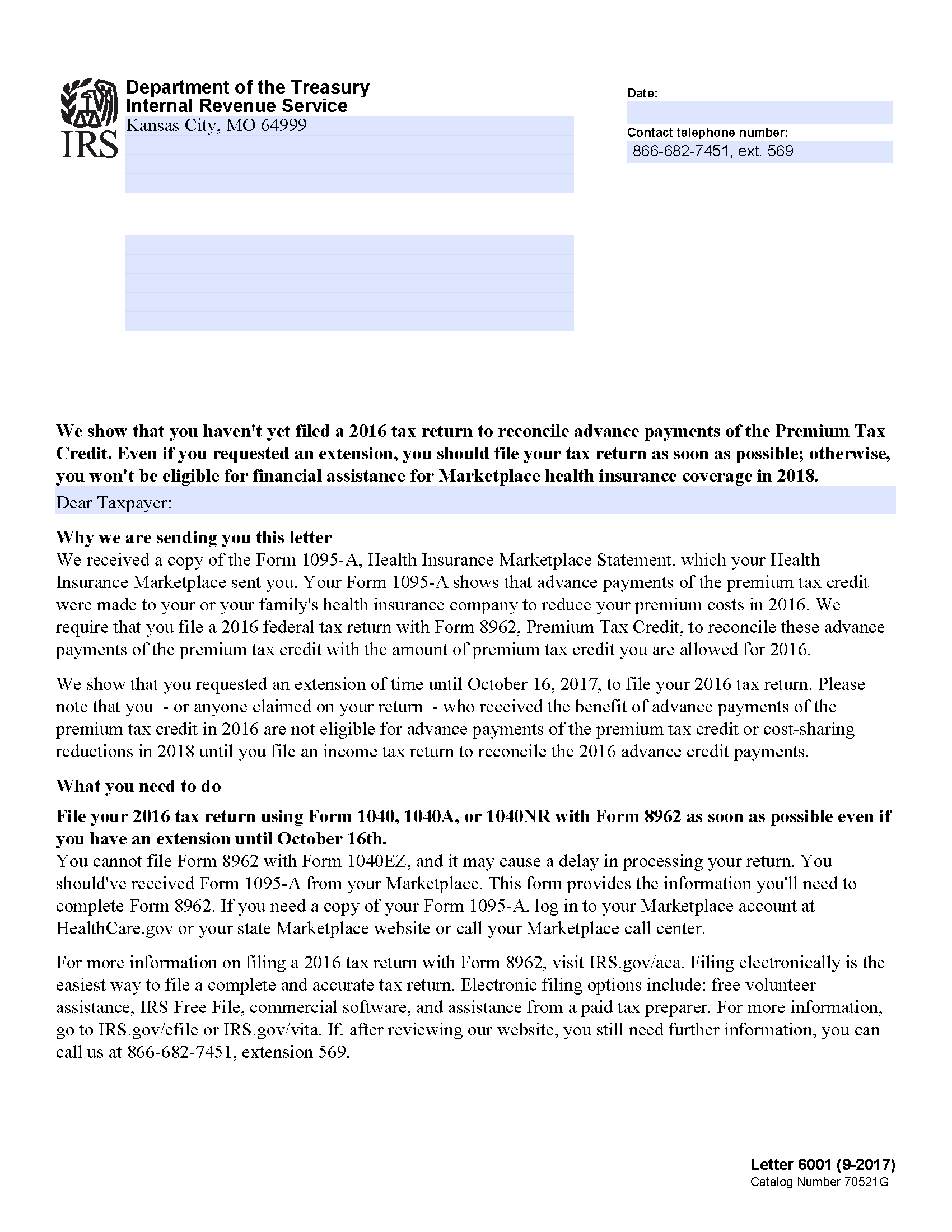 IRS Letter 6001 - Advanced Premium Tax Credit Recipients Non-Filer ...
