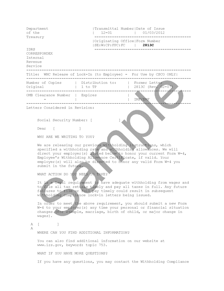 IRS Letter 2813C - Release of Lock-In Letter | H&R Block